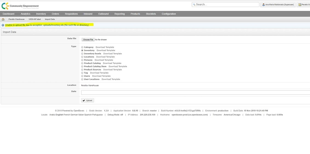 Unable to upload file due to exception: uploads/inventory.xls (No such file or directory ...