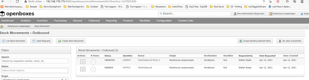 Outbound movement created via API not visible - bugs - OpenBoxes